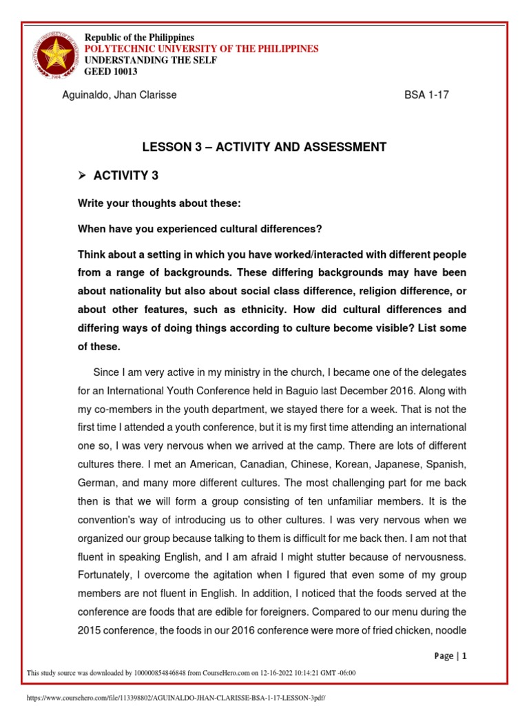 Aguinaldo Jhan Clarisse Bsa 1 17 Lesson 3 PDF | PDF | Behavioural Sciences | Cognition