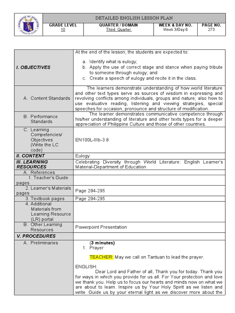 I. Objectives: Grade Level Quarter / Domain Week & Day No. Page No ...