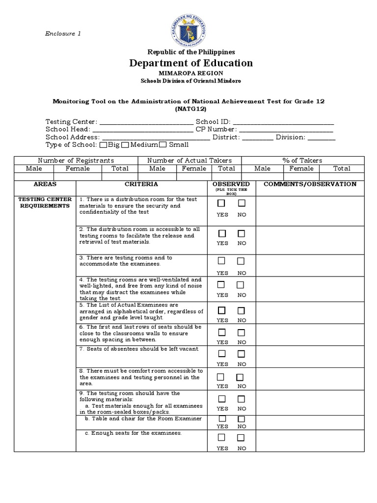 Monitoring Tool for NAT Grade 12 | PDF