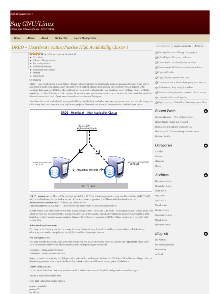 (Linux) DRBD - Heartbeat (ActivePassive High Availability Cluster) | PDF | Computer Cluster | Linux