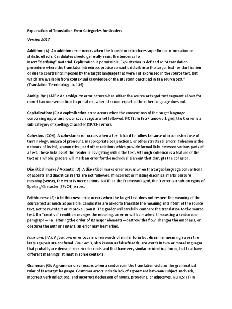 ATA Explanation of Translation Error Categories For Graders | PDF ...