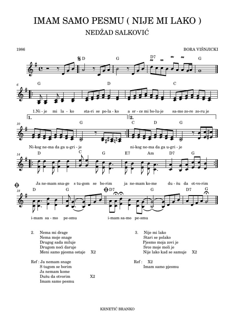 Imam Samo Pesmu (Nije Mi Lako) Nedžad Salković | PDF