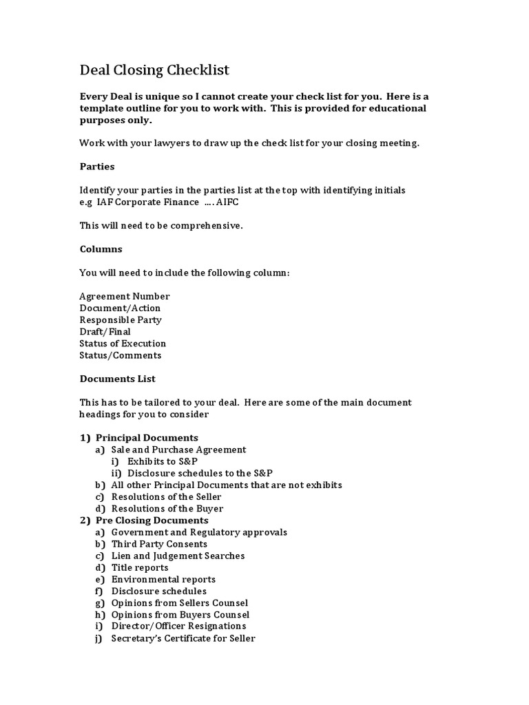 Deal Closing Checklist | PDF | Mergers And Acquisitions | Sales