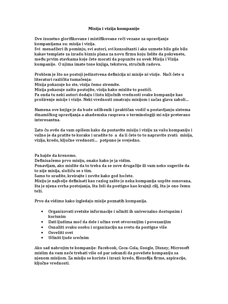 3.misija I Vizija Kompanije | PDF