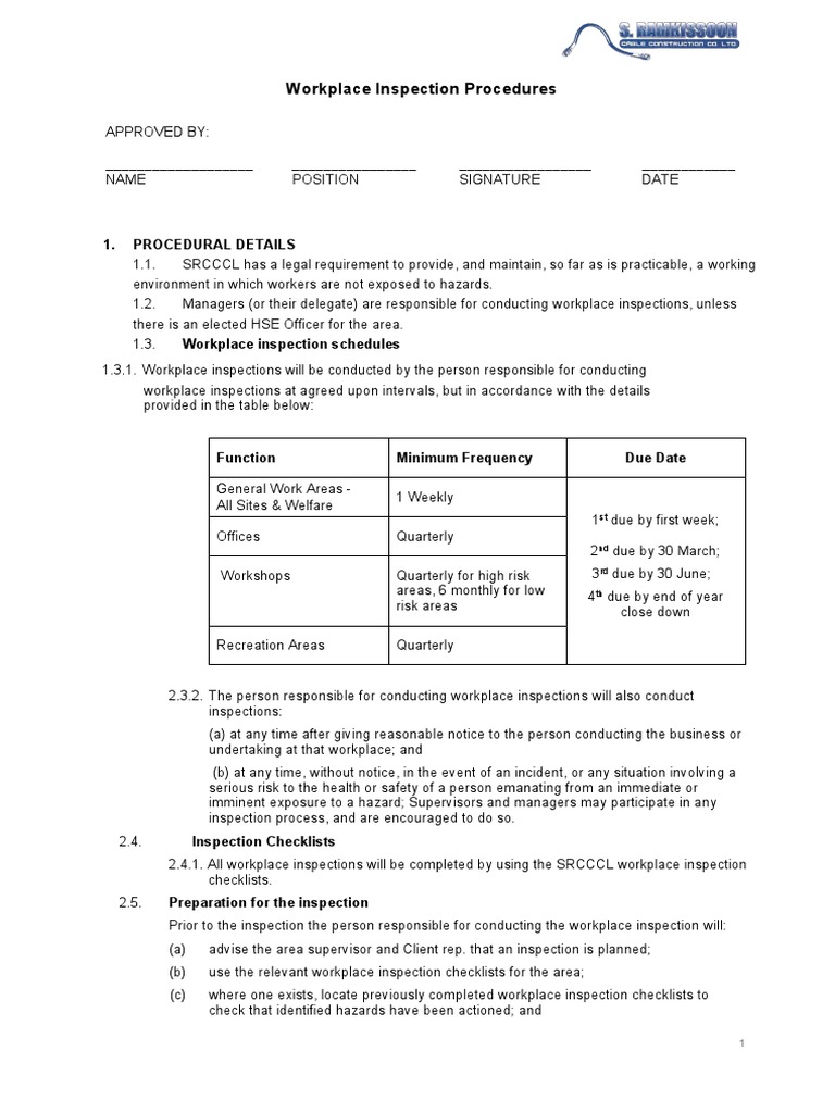 Workplace Inspection Procedure | PDF | Occupational Safety And Health ...