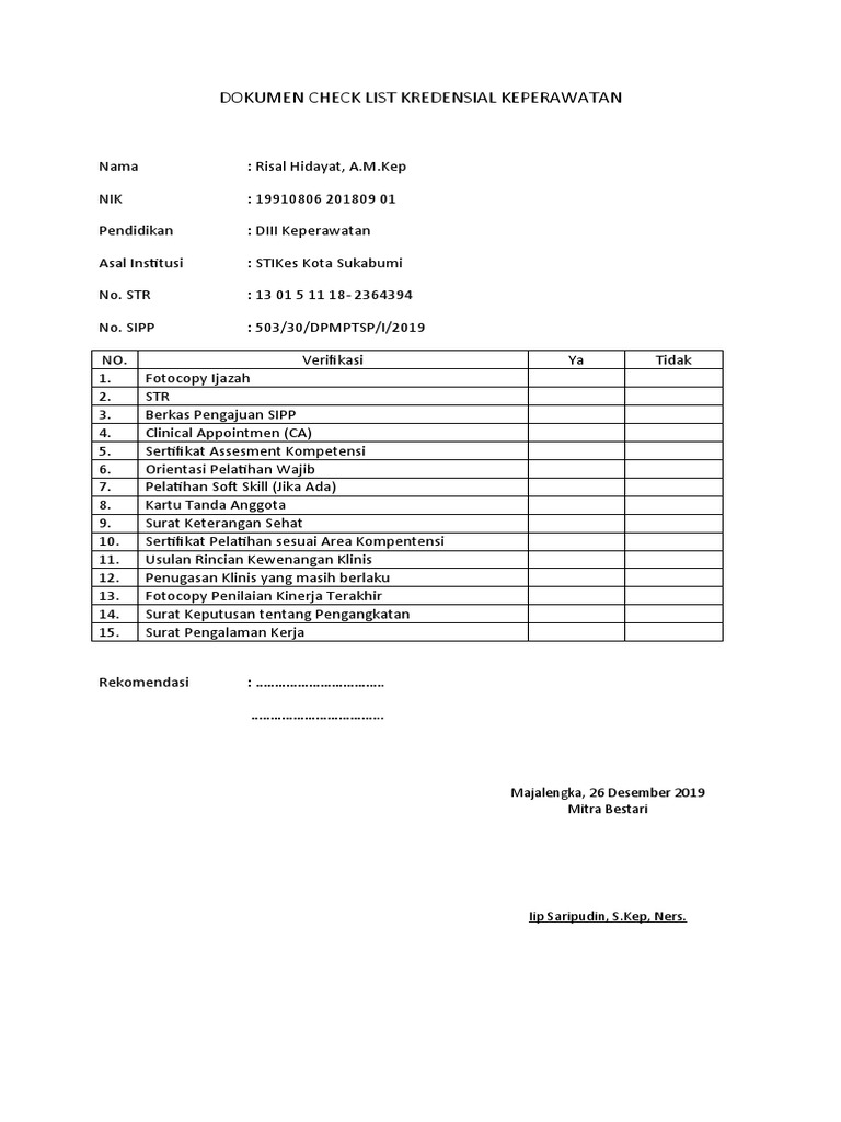 Dokumen Check List Kredensial Keperawatan 2020 | PDF
