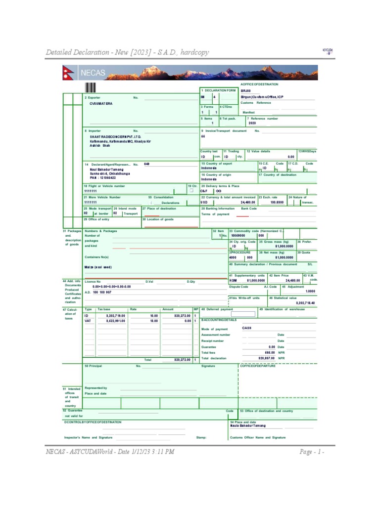 Detailed Declaration - New (2023) - S.A.D., Hardcopy: Necas - Asycudaworld - Date 1/12/23 3:11 ...