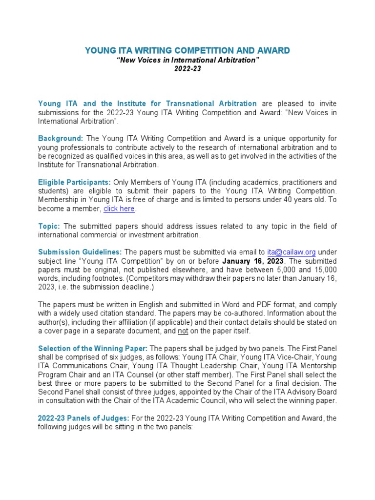 Young ITA Writing Competition and Award - Due January 2023 | PDF