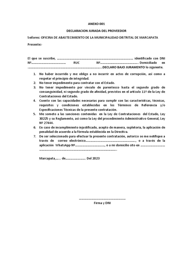 Declaracion Jurada de Proveedor | PDF