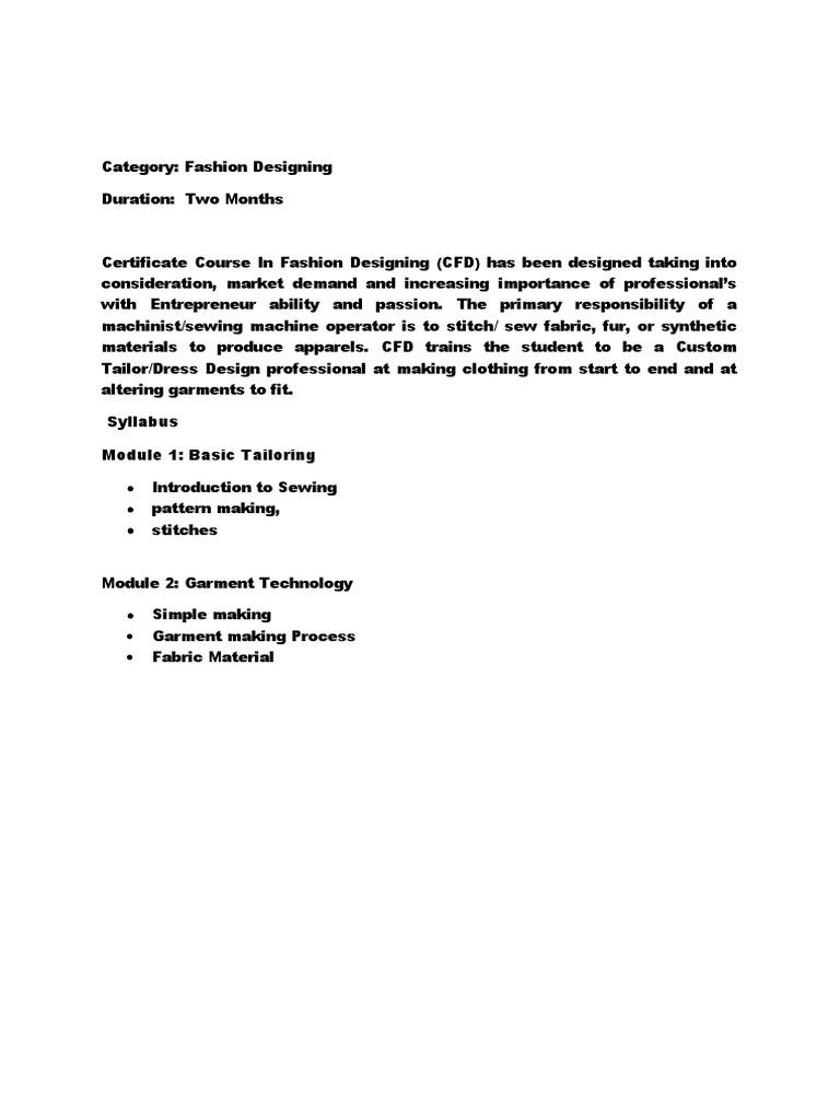 Syllabus Module 1: Basic Tailoring | PDF