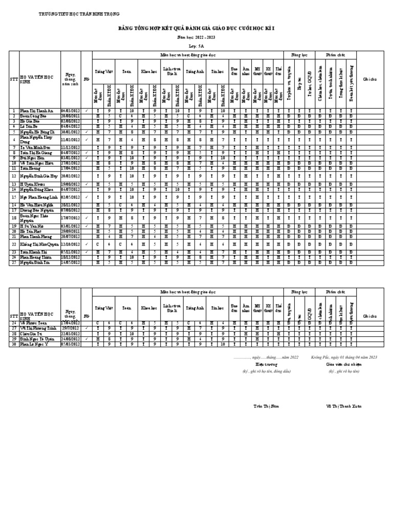 So Diem Tong Ket Lop 5a | PDF
