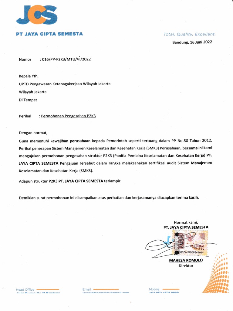 Permohonan Pengesahan P2K3 | PDF