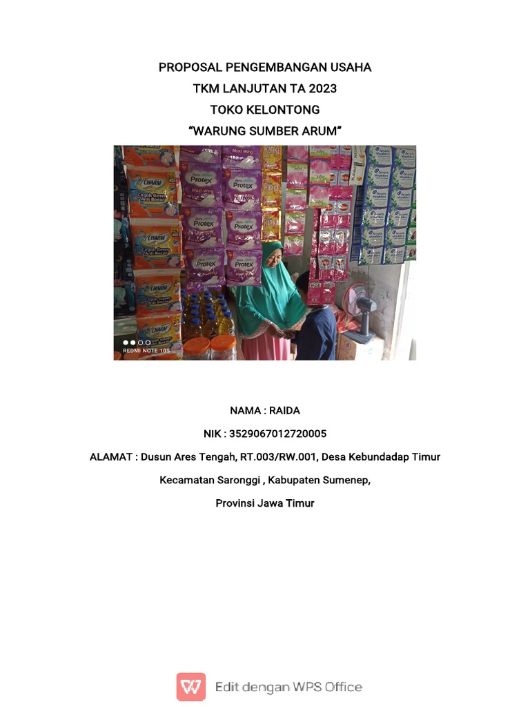 Proposal Pengembangan Usaha TKM Lanjutan Ta 2023 Toko Kelontong "Warung Sumber Arum" | PDF