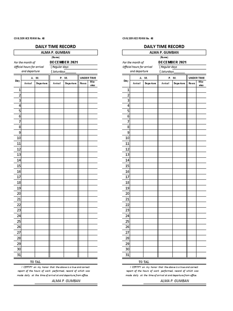 Daily Time Record Daily Time Record: Alma P. Gumban Alma P. Gumban | PDF