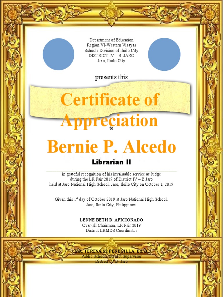 Certificate of Appreciation: Bernie P. Alcedo | PDF | Philippines