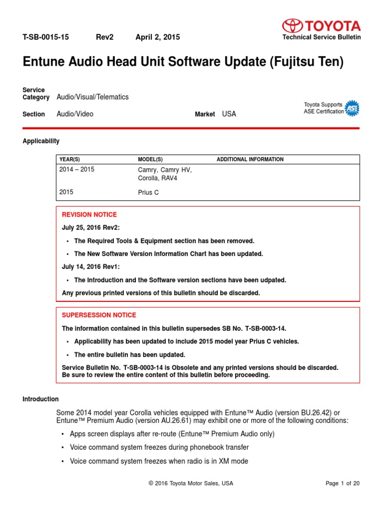 Entune Audio Head Unit Software Update (Fujitsu Ten) : T-SB-0015-15 ...