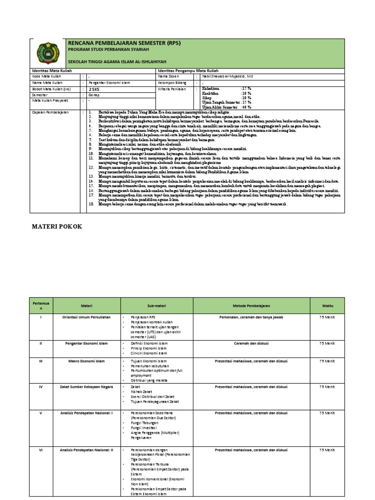 Rencana Pembelajaran Semester (RPS) : Program Studi Perbankan Syariah ...