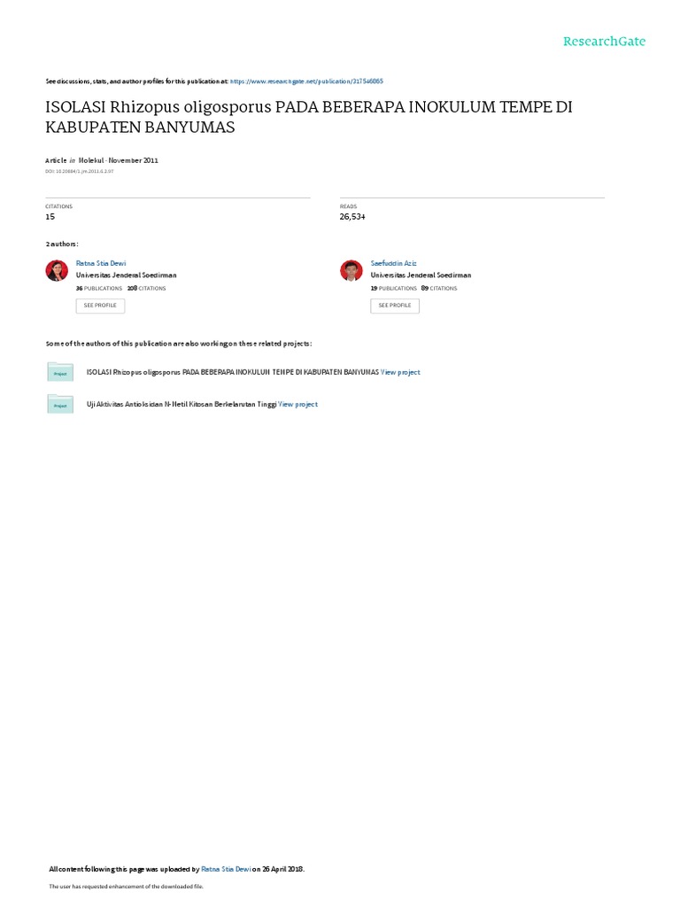 Isolasi Rhizopus Oligosporus Pada Beberapa Inokulum Tempe Di Kabupaten ...