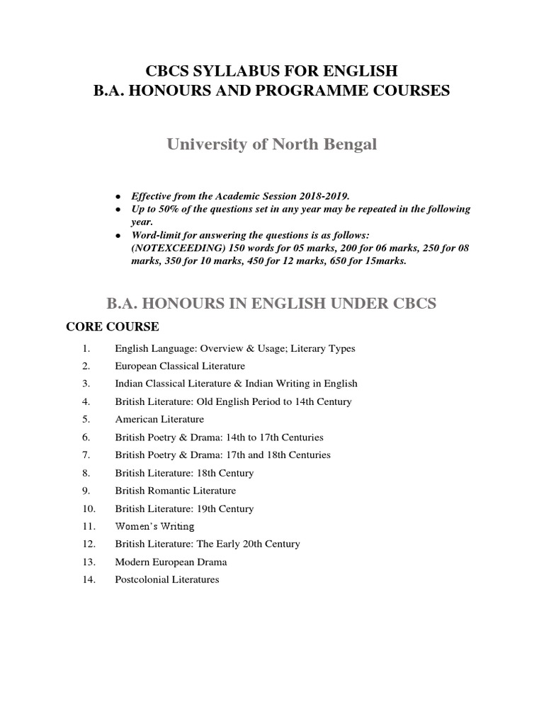 University of North Bengal: Cbcs Syllabus For English B.A. Honours and Programme Courses | PDF ...