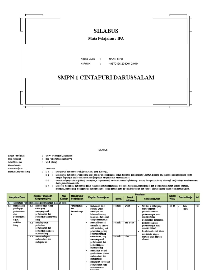 Silabus IPA Kelas 8 (11 Kolom) | PDF