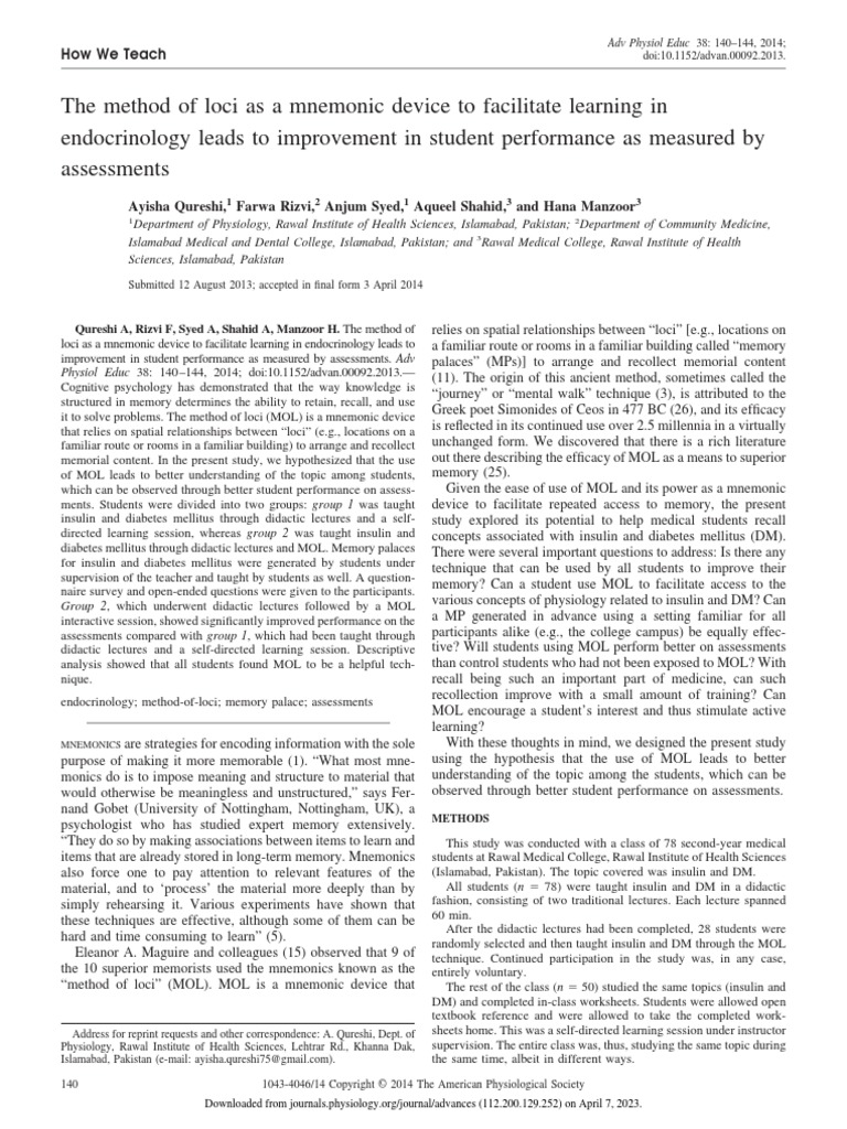 The Method Of Loci As A Mnemonic Device To Facilitate Learning In Pdf Cognition Cognitive