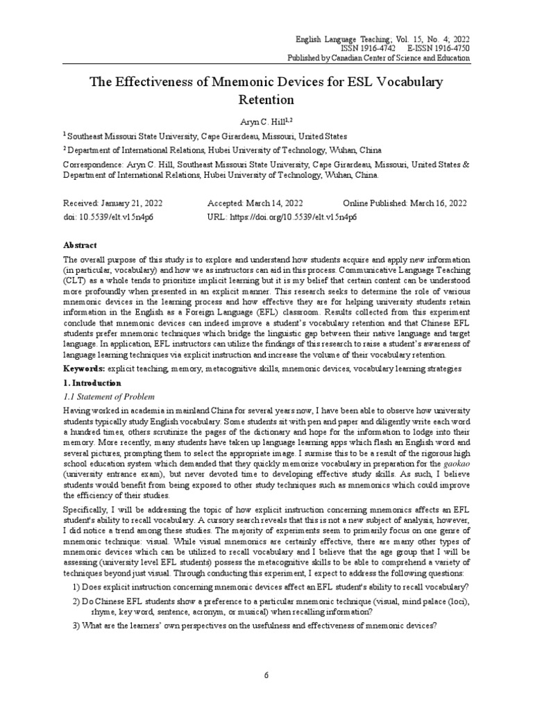 The Effectiveness of Mnemonic Devices For ESL Vocabulary Retention | PDF | English As A Second ...