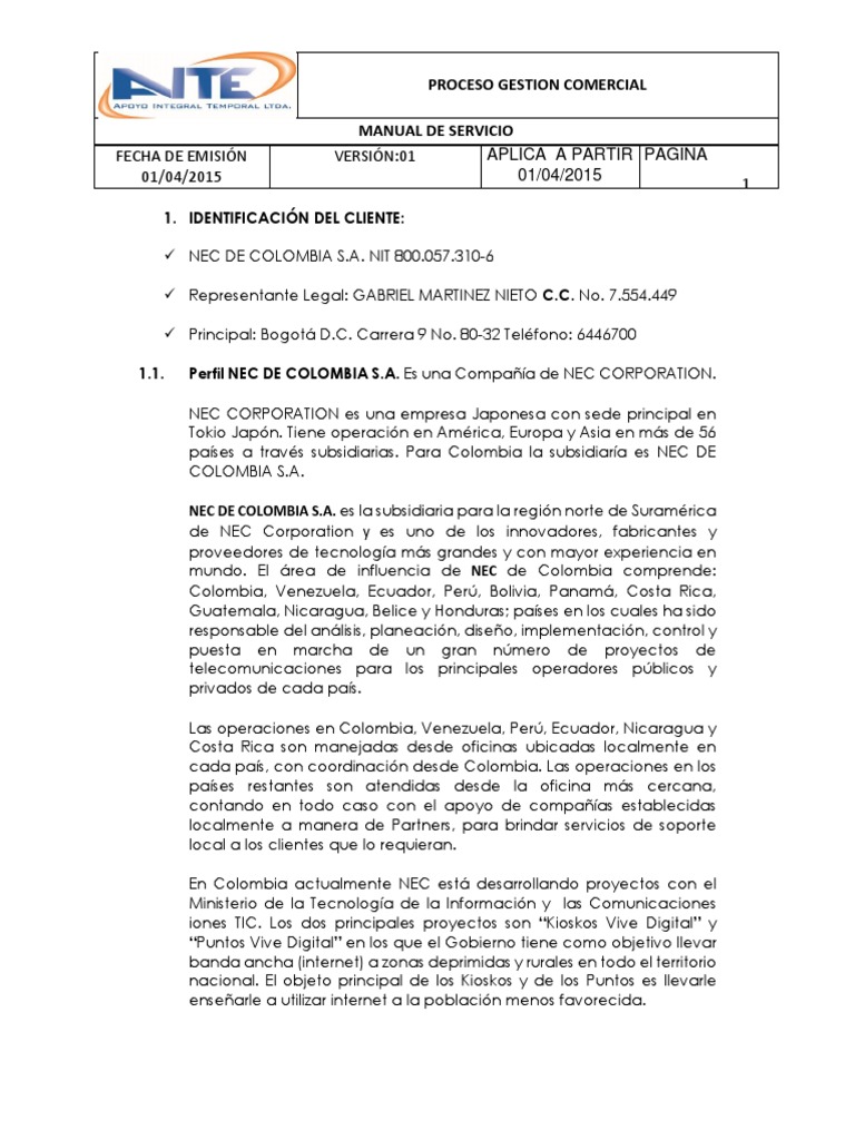 Manual de Servicio - Nec de Colombia | PDF | Colombia | Factura