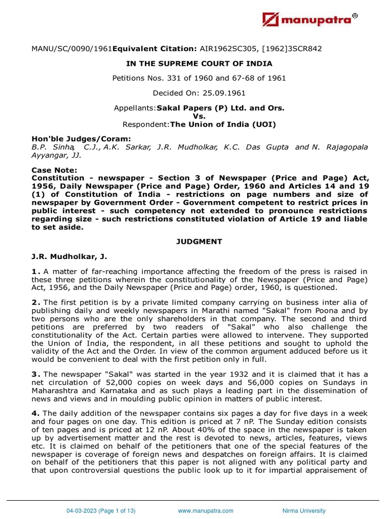 Sakal Papers P LTD and Ors Vs The Union of India Us610090COM68990 | PDF ...
