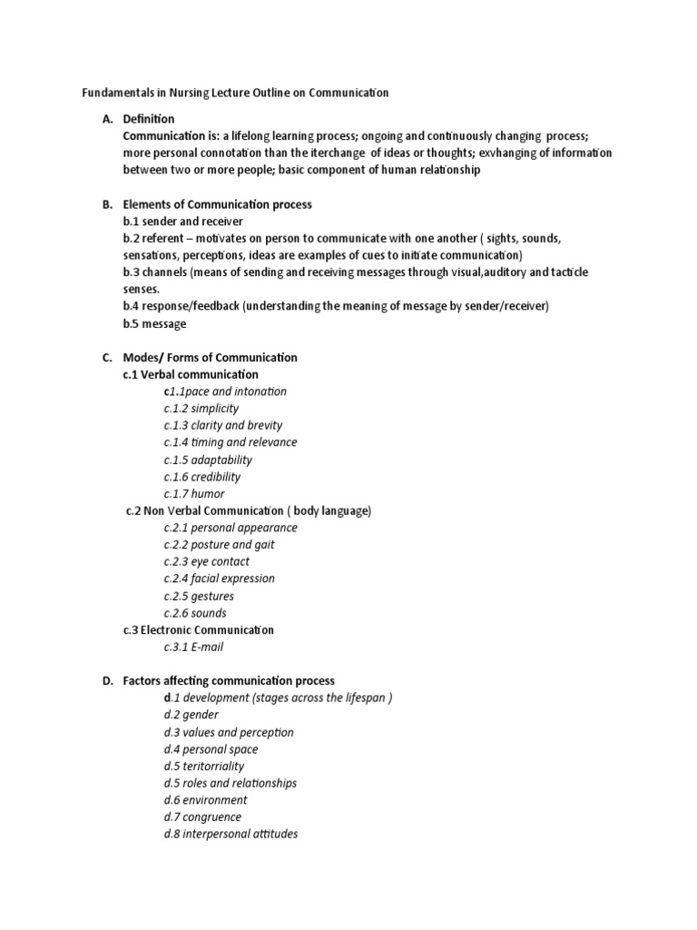 Fundamentals in Nursing Lecture Outline On Communication | PDF ... Fundamentals in Nursing Lecture Outline On Communication | PDF ...