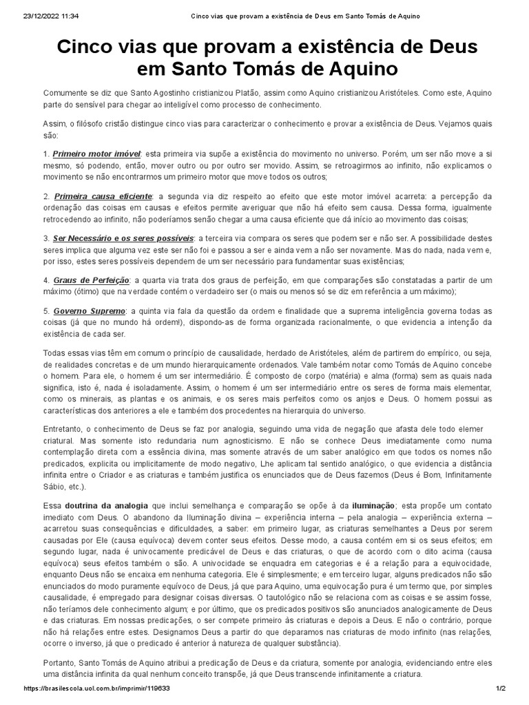 Cinco Vias Que Provam A Existência de Deus em Santo Tomás de Aquino | PDF | Existência de Deus ...
