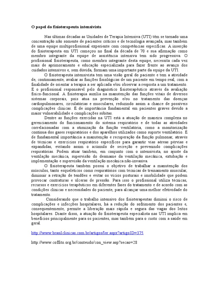 O Papel Do Fisioterapeuta Intensivista | PDF | Ciências e Matemática