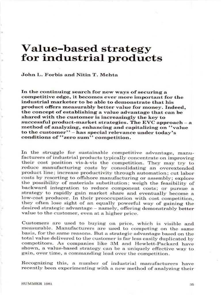 Value-Based Strategy For Industrial Products: John L. Forbis and T ...