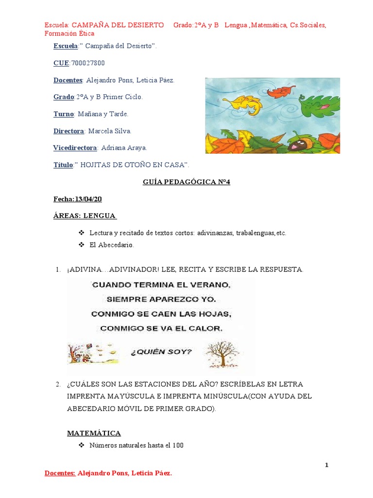 Escuela: CAMPAÑA DEL DESIERTO Grado:2°A y B Lengua, Matemática, Cs ...
