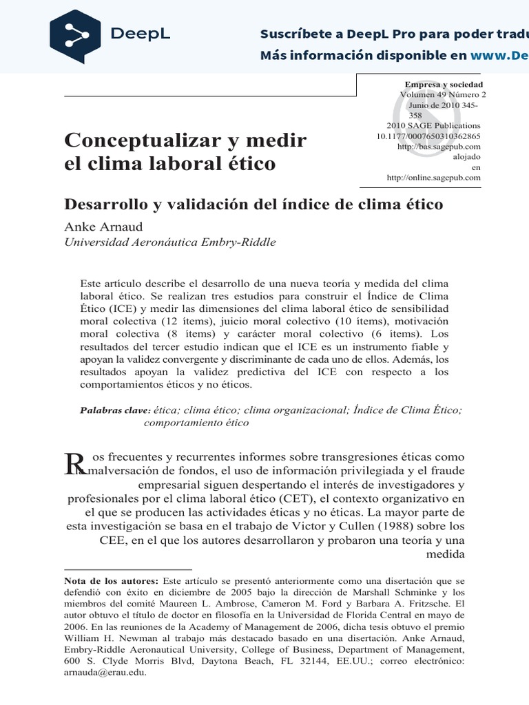 Conceptualizing And Measuring Ethical Work Climate Es Pdf Moralidad Validez Estadísticas