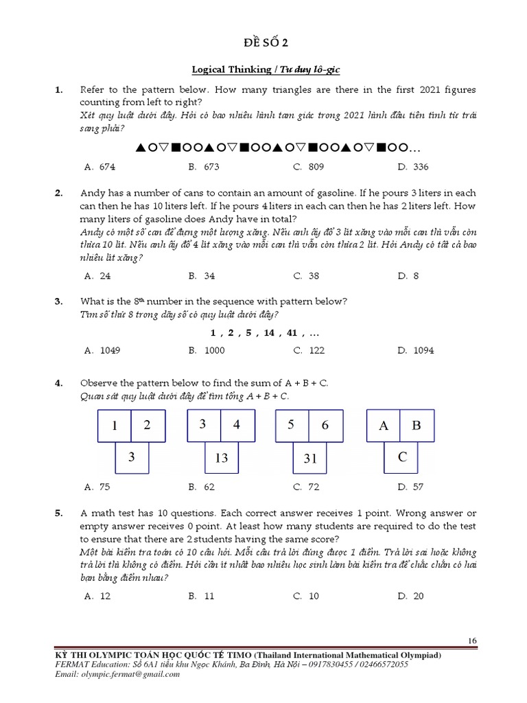 Logical Thinking / Tƣ duy lô-gic 1.: KỲ THI OLYMPIC TOÁN HỌC QUỐC TẾ TIMO (Thailand ...