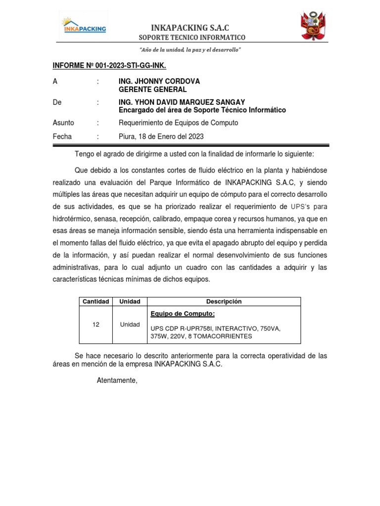 INFORME Nº 001-2023-STI-GG - Requerimiento de Equipos de Computo | PDF