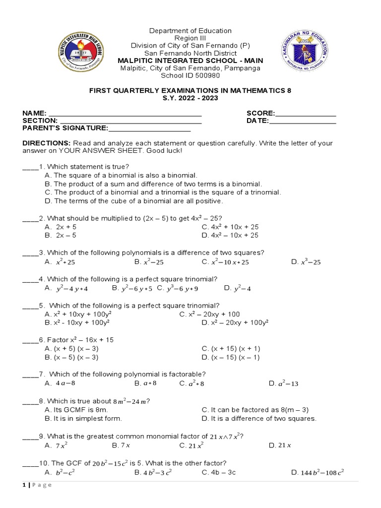 Math 8 First Quarterly Exam 2022 2023 | PDF | Cartesian Coordinate ...