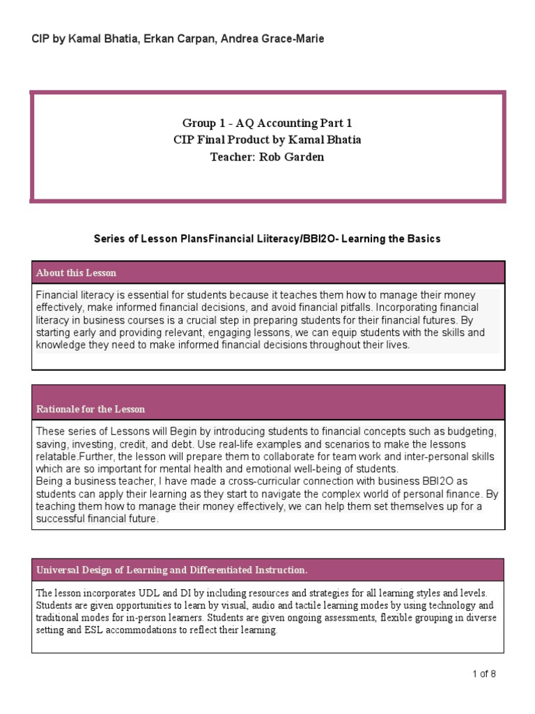 Cip Financial Literacy by Kamal Bhatia Erkan Carpan Andrea Marie | PDF ...