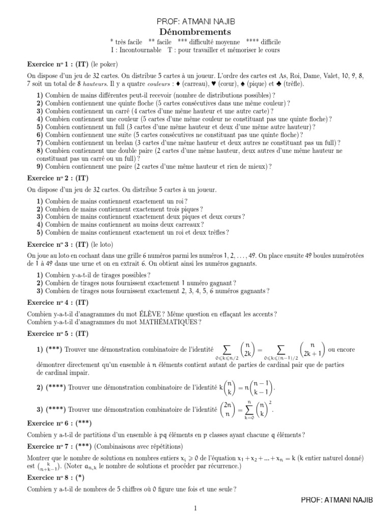Exercices de Combinatoire et Probabilités | PDF | Combinatoire ...