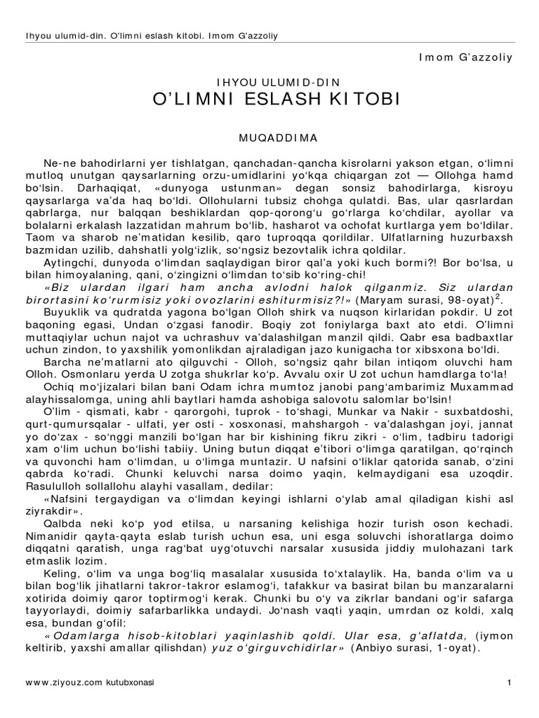 Imom G'azzoliy. Ihyou Ulumid-Din. O'limni Eslash Kitobi | PDF