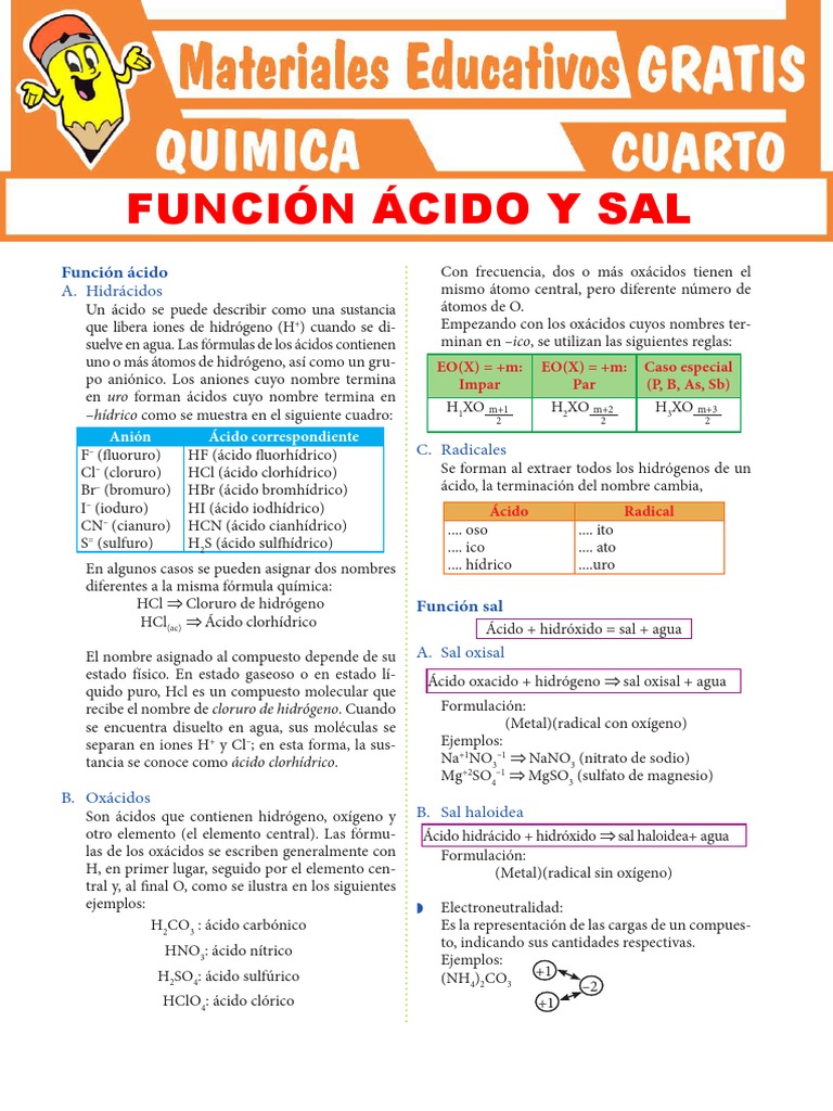 Función Ácido y Sal para Cuarto Grado de Secundaria | PDF | Ácido ...