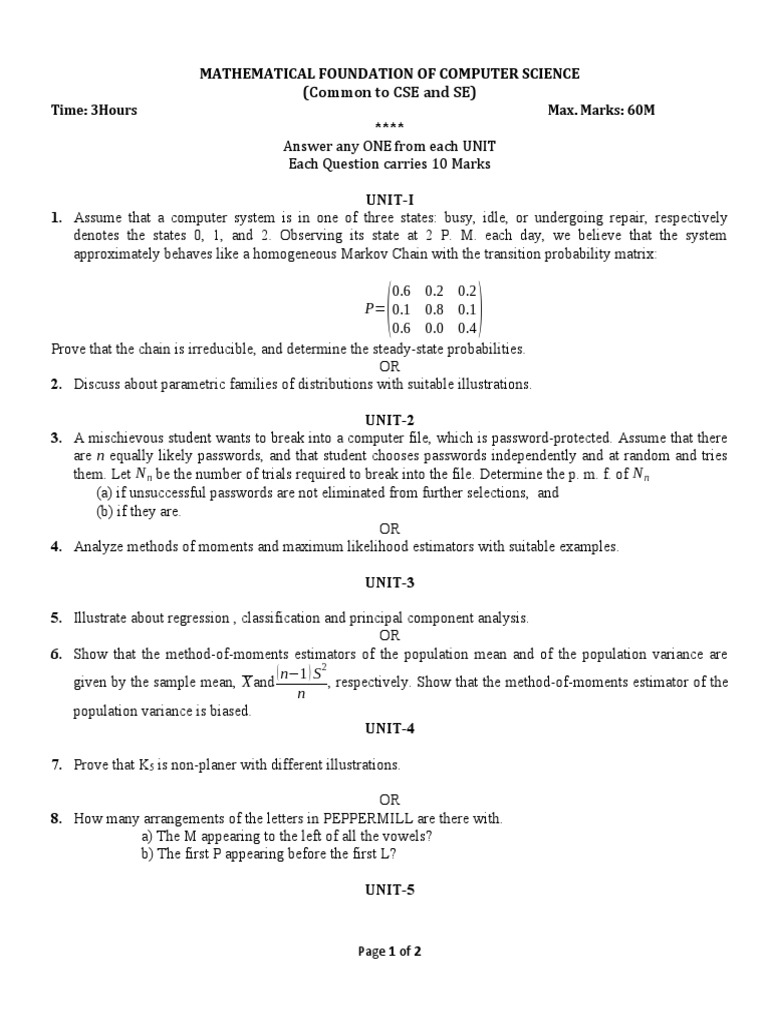 MATHEMATICAL FOUNDATIONS FOR COMPUTER SCIENCE Paper | PDF | Variance | Markov Chain