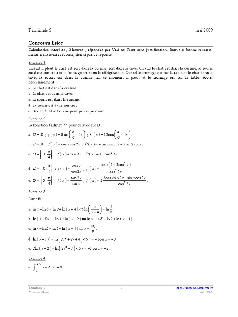 Concours Esiee 2009 : Épreuves Terminale S | PDF | Tangente (géométrie) | Géométrie