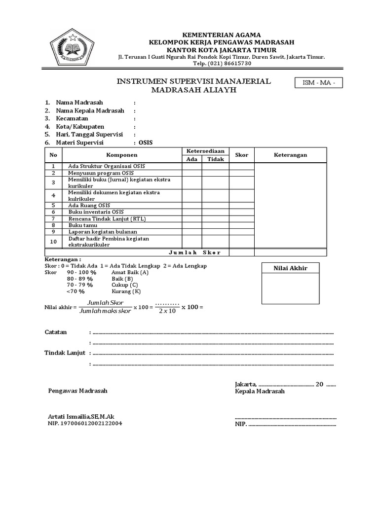 Instrumen Supervisi Manajerial OSIS Fix | PDF