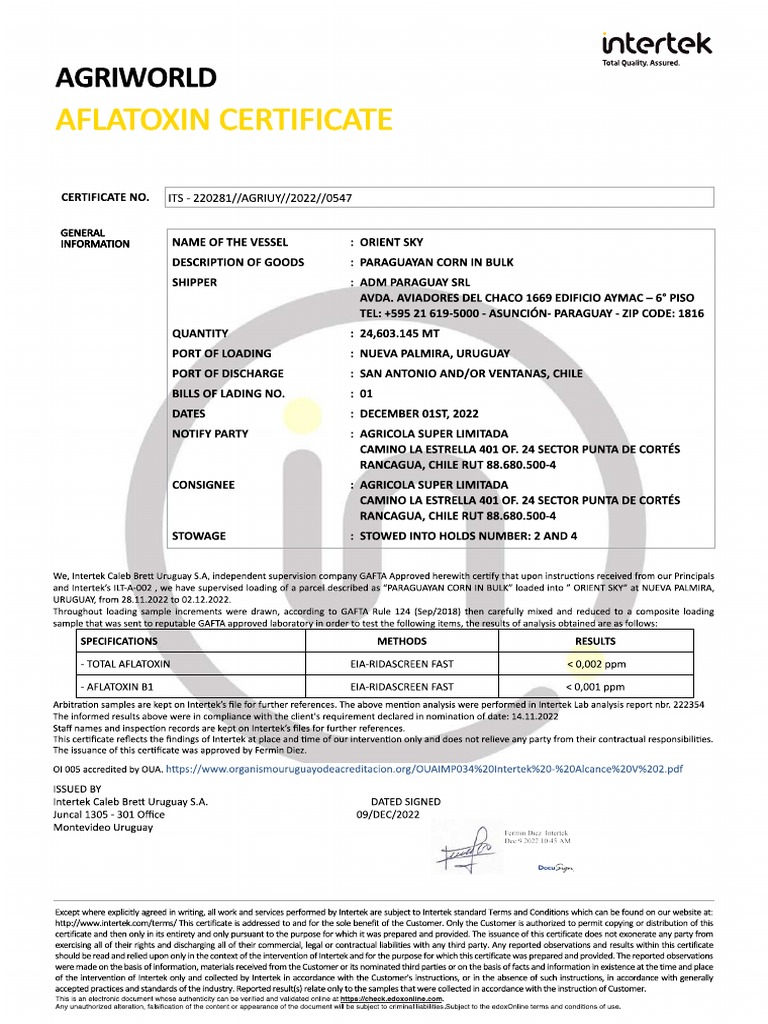 Aflatoxin Certificate MV ORIENT SKY | PDF