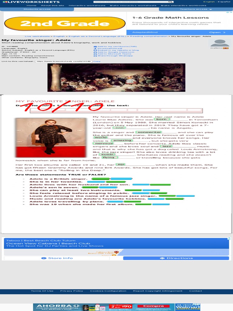 My Favourite Singer Adele Worksheet | PDF