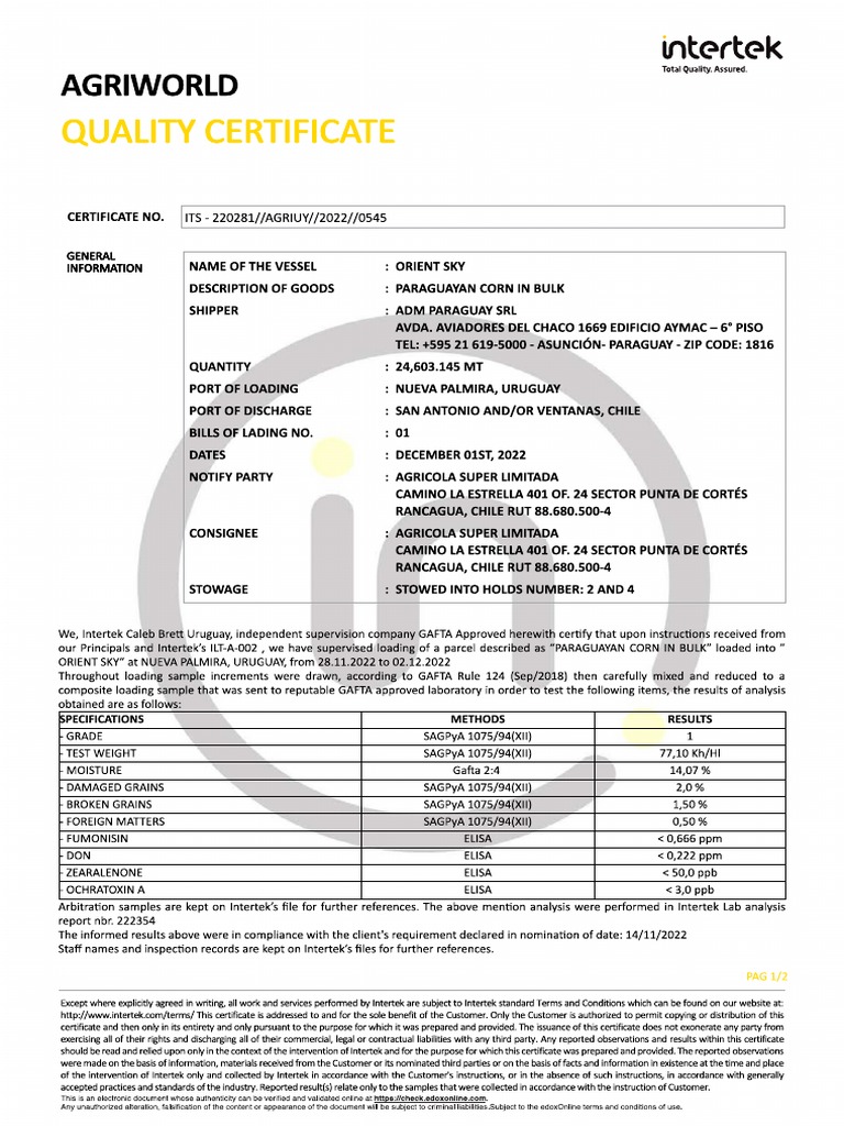 Quality Certificate MV ORIENT SKY | PDF
