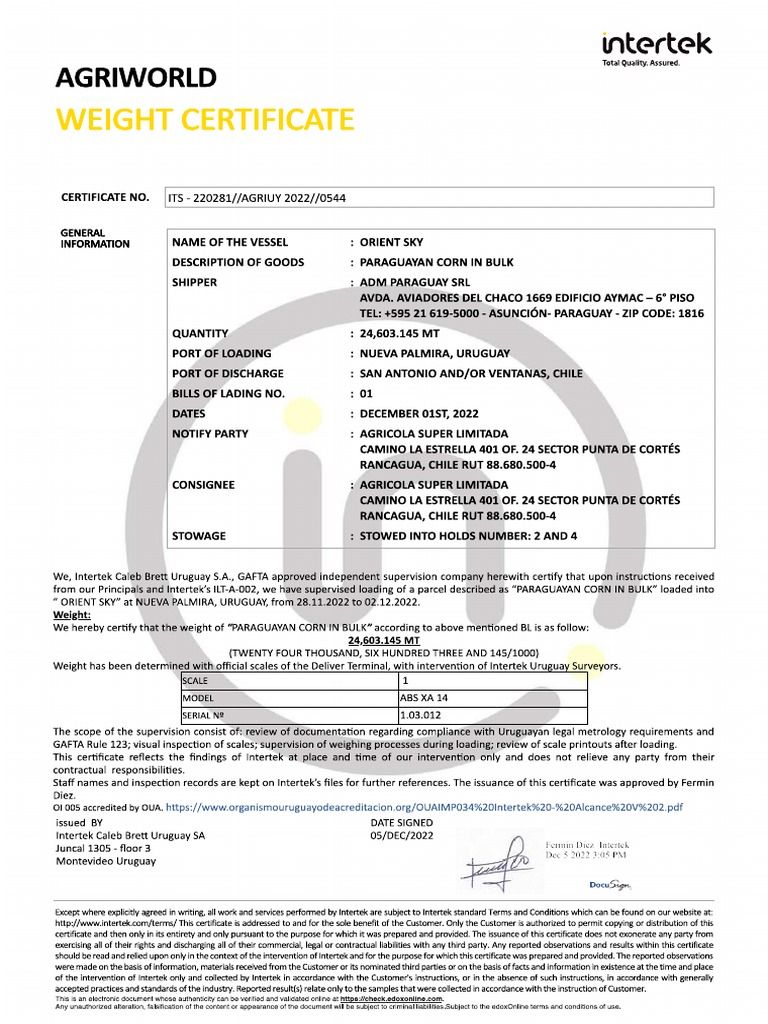Weight Certificate MV ORIENT SKY | PDF