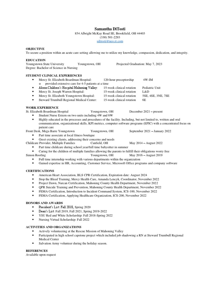 Samantha Ditosti Resume-Class Final 4 7 23 | PDF | Youngstown | Hospital