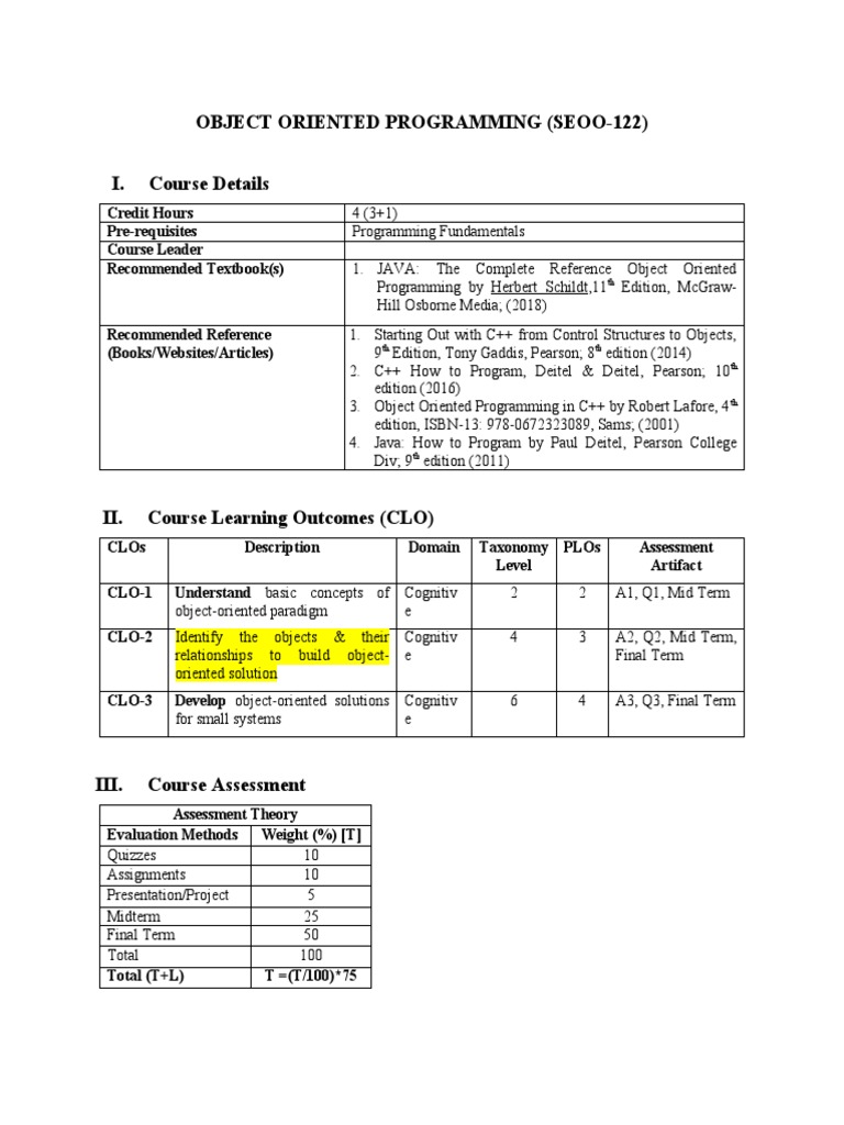 Object Oriented Programming (Seoo-122) I. Course Details | PDF ...